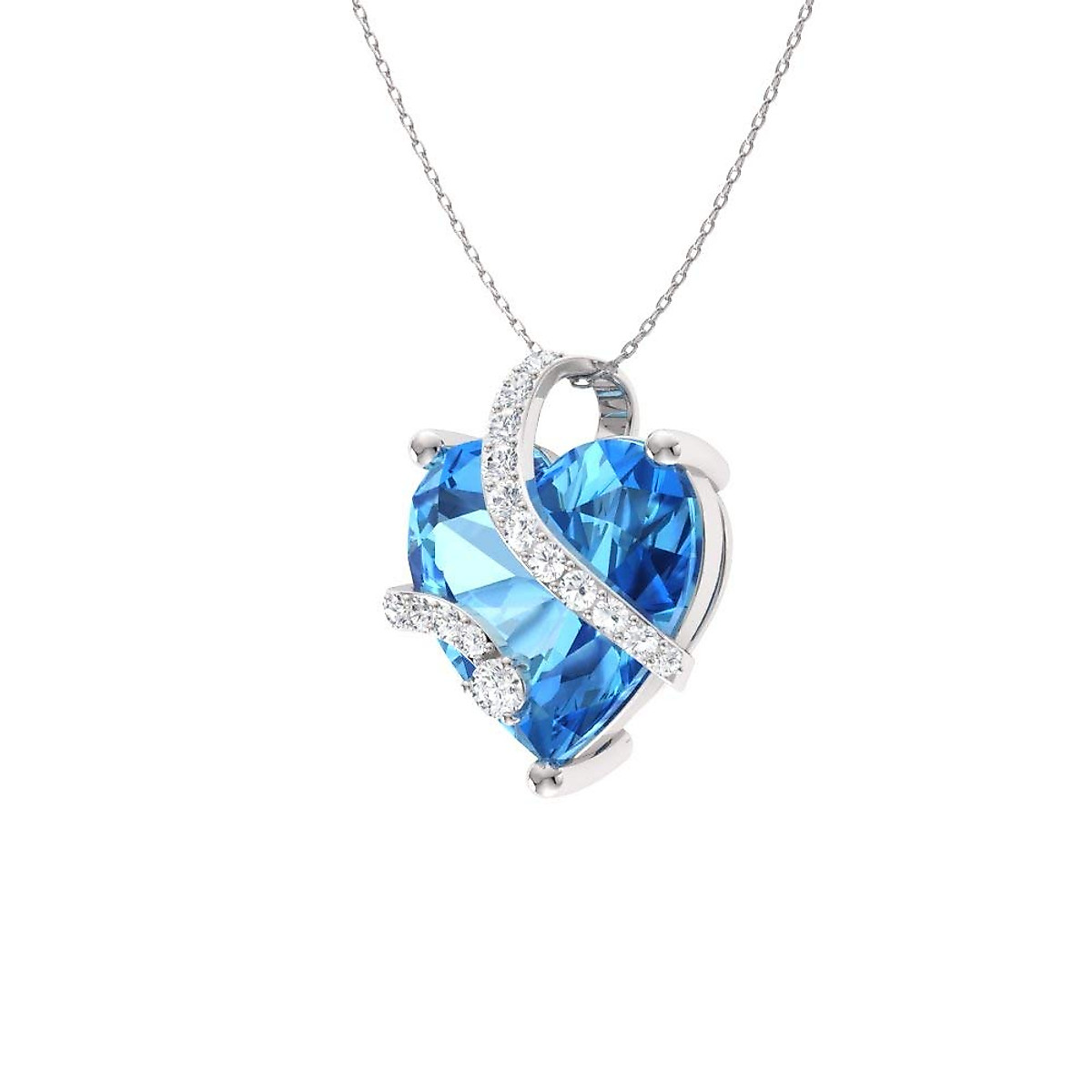 Diamondere Natural and Certified Heart Cut Blue Topaz and Diamond Wrap Heart Petite Necklace in 14k White Gold | 1.68 Carat Pendant with 18 Inch Chain