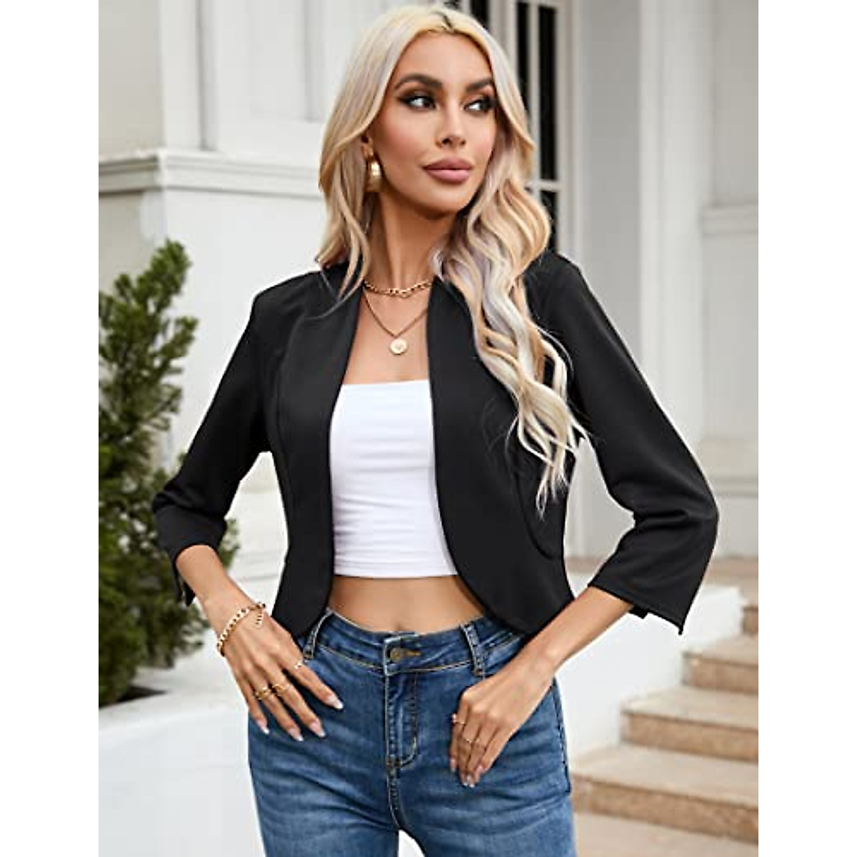 KOJOOIN Womens Fall Fashion 2023 Casual Business Cropped Blazer 3/4 Sleeve Collarless Open Front Ruffle Work Office Cardigan Suit Jacket Shrug Black Small