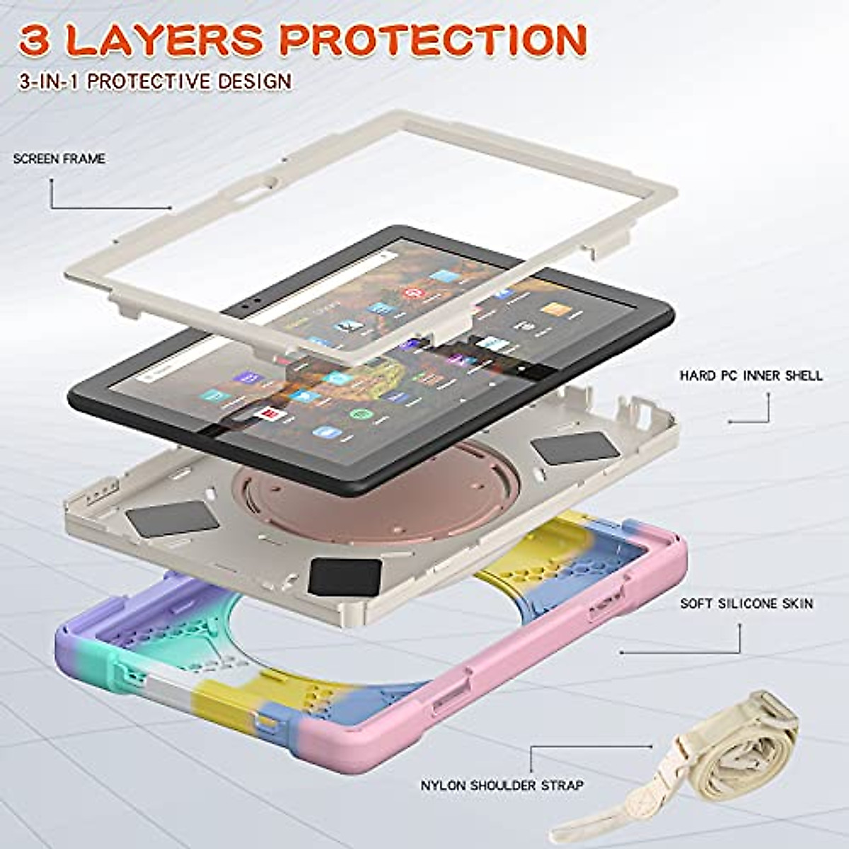 KENOBEE All-New Fire HD 10 & Fire HD 10 Plus Tablet (10.1", 11th Generation, 2021) Case, 360 Rotating Stand Multi-Functional Grip Rugged Heavy Duty Shockproof Protective Kickstand Cover,Rainbow Pink