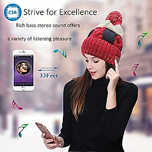 Ceotsak Wireless Beanie Hat Lined with Woolen with Detachable HD Stereo Speakers & Mic, Pom Pom Beanie Music Hats for Women Music Beanie with Rechargeable USB Winter Fitness Sports Red and Blue