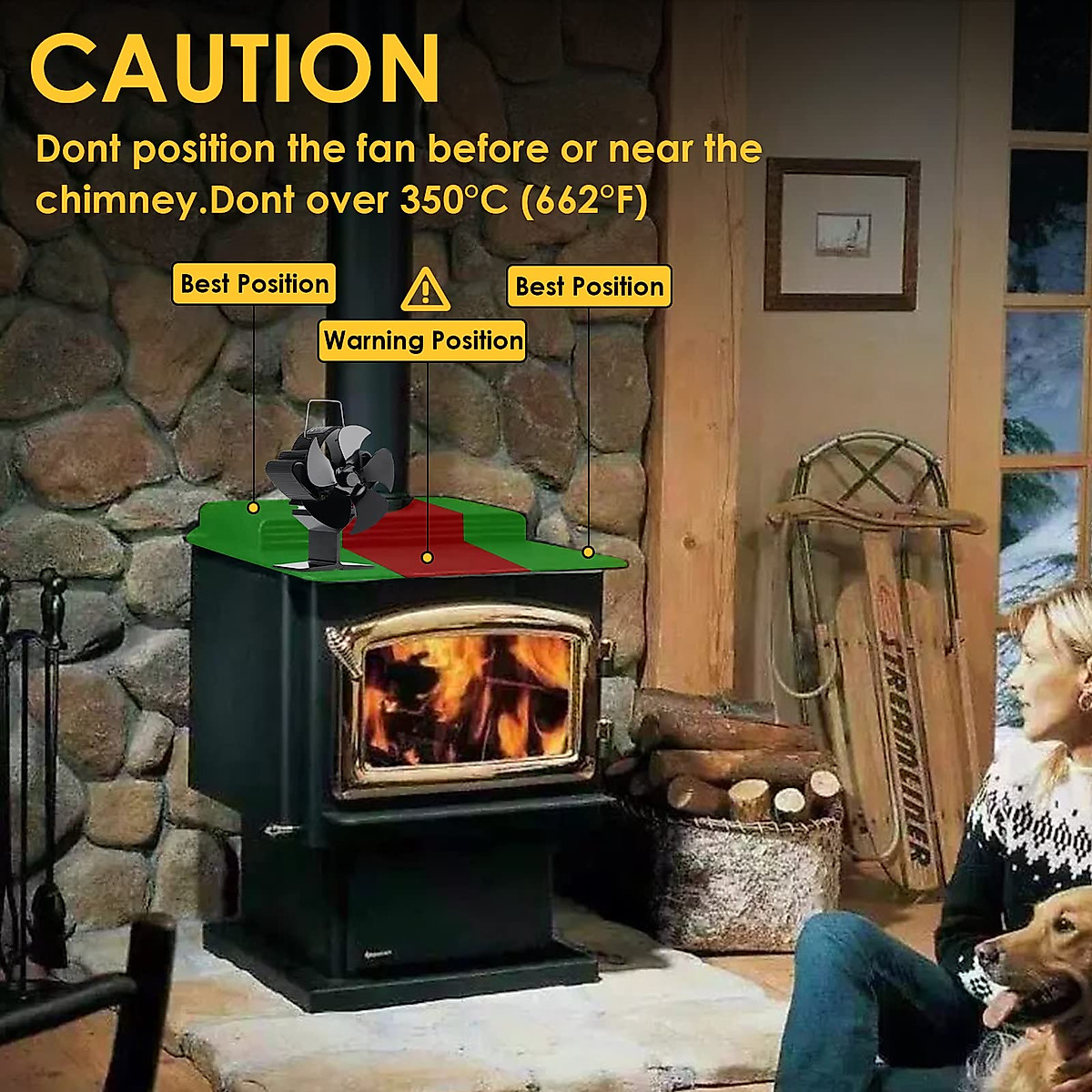 Heat Powered Stove Fan with Magnetic Thermometer, 5 Blade Wood Stove Fan, Ultra Quiet Non Electric Fireplace Fan for Wood Burner Stove/Log Burner/Fireplace