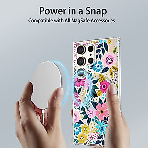 Tcaraersing Crystal Clear Flower Magnetic Case for Samsung Galaxy S23 Ultra MagSafe PC Back Cover Soft TPU Edges Slim Thin Shockproof Silicone Floral Pattern Girl Women S23 Ultra 6.8'' Colorful Floral