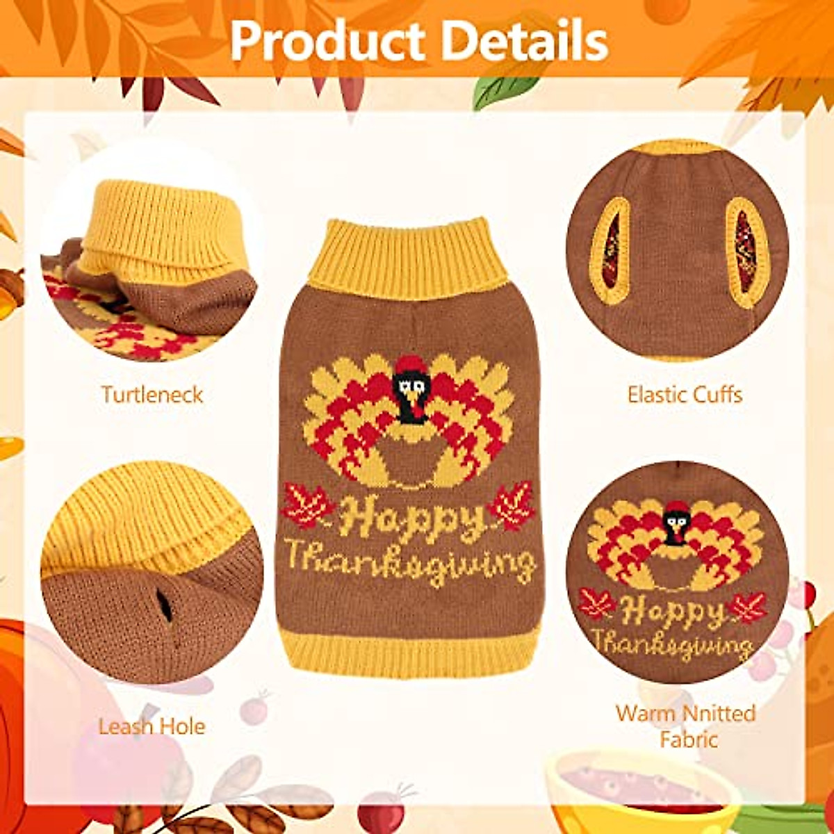 HUMLANJ Thanksgiving Knitted Dog Turtleneck Sweater Dog Sweaters Turkey Warm Pullover Sleeveless with Leash Hole for Puppy Doggy Doggie Yorkshire Chihuahua Pug