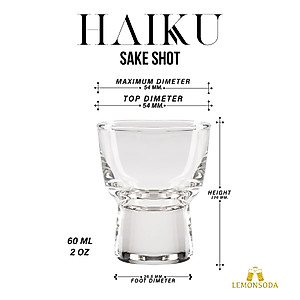 LEMONSODA Clear Shot Glass Set- Haiku Sake Shot Glasses - Sake, Tequila, Whiskey, Vodka, Gin - Great for Tastings, Gifts, Parties, Unique Show Piece, Set of 6 (60 mL / 2 fl. oz.) (Set of 6)