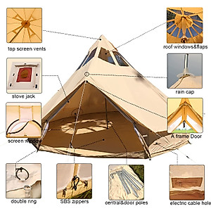 UNISTRENGH 5M Star Gazer Bell Tent 4 Season Waterproof Cotton Canvas Glamping Yurt Tent with Stove Jack Hole and Roof Windows for 6-8 Persons Camping Hunting