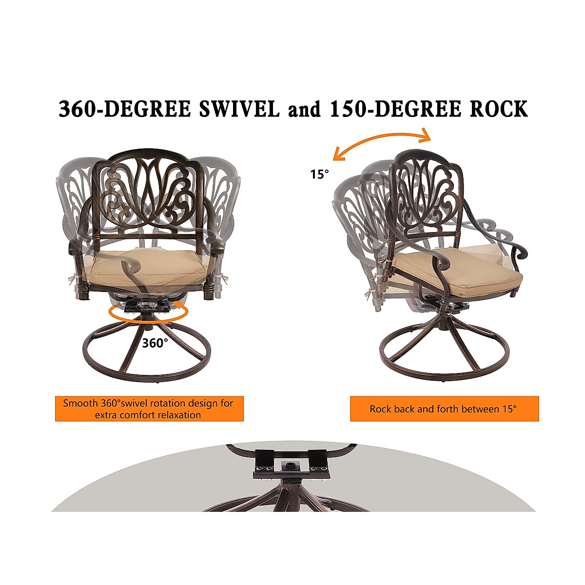 Grepatio 5 Piece Cast Aluminum Patio Dining Set Outdoor Furniture Set Patio Garden Set with 4 Swivel Rocker Ding Chairs, 4 Cushions and 35.4" Square Patio Table 2.4" Umbrella Hole (Khaki)