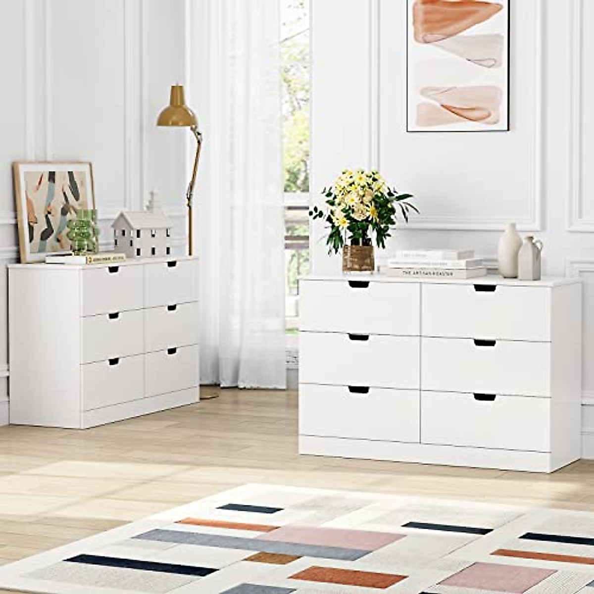 FOTOSOK 6 Drawer Dresser Double Dresser, White Dresser Modern Dresser 6 Chest of Drawers, Wood Storage Organizer Dresser with Cut-Out Handles for Home, Large Drawer Capacity