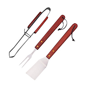 GANAZONO 3 Pcs Three Piece Barbecue Set Stainless Steel BBQ Tools Barbecue Roasting Sticks Grilling Barbeque Food Tongs BBQ Spatula Outdoor Accessories Grill Utensils Fork Wooden Major