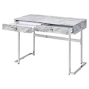 Acme Tigress Faux Marble Top Writing Desk with 2 Drawers in White and Chrome