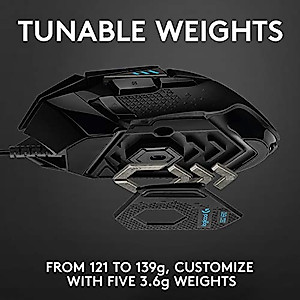 Logitech G502 HERO High Performance Wired Gaming Mouse, HERO 25K Sensor, 25,600 DPI, RGB, Adjustable Weights, 11 Programmable Buttons, On-Board Memory, PC / Mac, Black