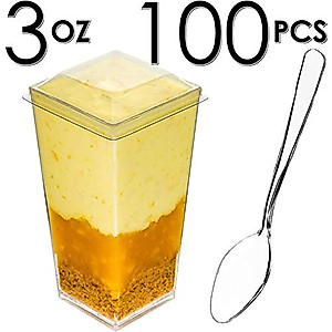 DLux 100 x 3 oz Mini Dessert Cups with Spoons and Lids, Square Tall - Clear Plastic Parfait Appetizer Cup - Small Reusable Serving Bowl for Party Desserts Appetizers - With Recipe Ebook