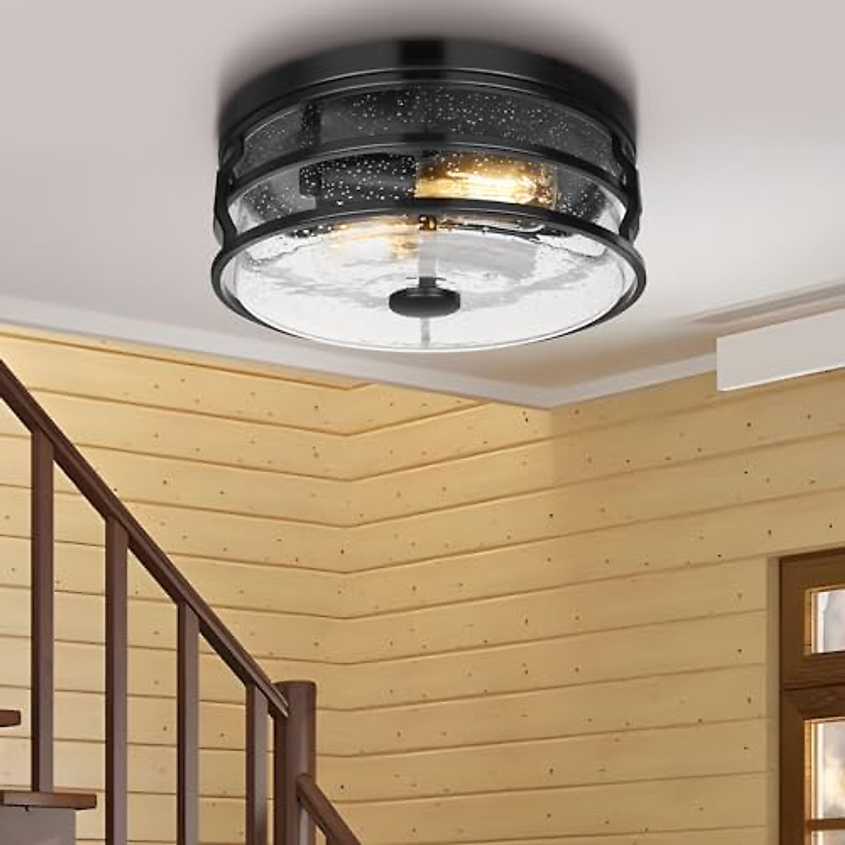 Flush Mount Ceiling Light Fixture, 12 Inch Close to Ceiling Light with Black Metal Cage, Modern Industrial Ceiling Lamp with Seeded Glass for Kitchen Hallway Bedroom Living Room Foyer