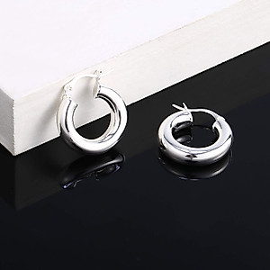 Silver Chunky Hoop Earrings Thick Hoops for Women | 925 Sterling Silver Post Shiny Polished Round-Tube Lightweight Hoop Earrings for Women Girls, Diameter 20mm
