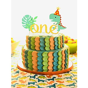 LaVenty Gold Dinosaur First Birthday Decoration Dinosaur One Cake Topper Dinosaur 1st Birthday Cake Topper for Boy Dinosaur Birthday Party Decoration