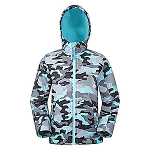 Mountain Warehouse Exodus Kids Softshell Jacket With Hood - Girls Boys Coat Blue Camo 11-12 Years