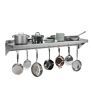 TrailBlaze 12" x 48" NSF Certified Stainless Steel Wall Mount Shelf - Multifunctional Metal Storage Rack with Backsplash and 7 Hooks for Hanging Pots, Pans,Cookware in Home and Restaurant