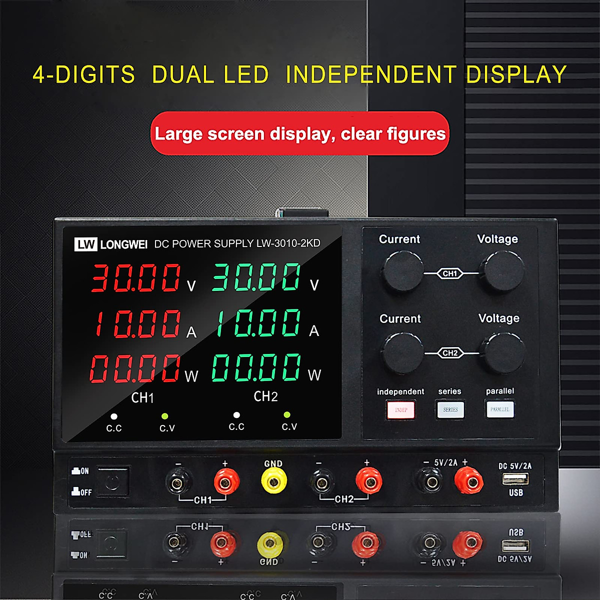 LWLONGWEI DC Power Supply Variable,4 Channels 30V 10A 2 * 300W Adjustable Switching Regulated DC Bench Power Supply with 4-Digits LED Power Display 5V/2A USB/DC Output Black