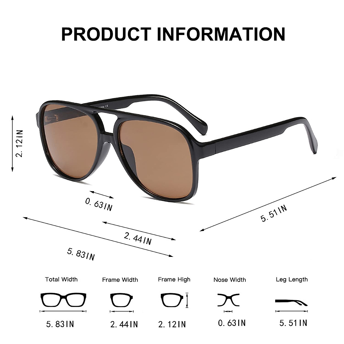 BUTABY Vintage Aviator Sunglasses for Women Men Retro 70s Glasses Classic Large Squared Frame UV400 Protection Black Yellow & Black Brown