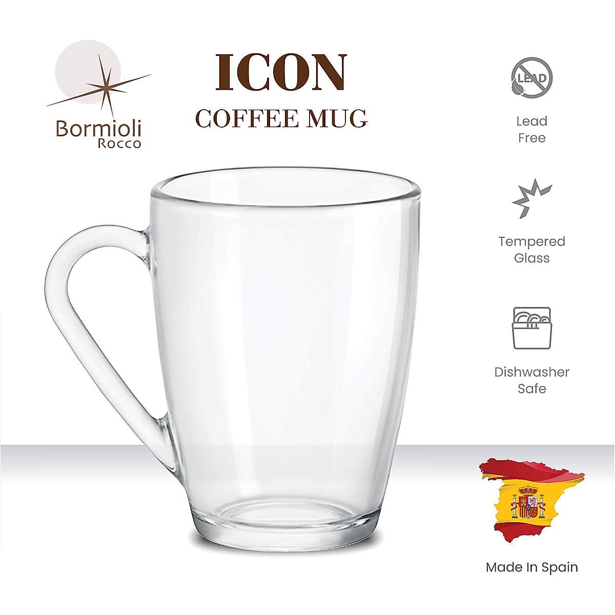 Bormioli Rocco Glass Coffee Mug Set, (6 Pack) 10¾ Ounce with Convenient Handle, Tea Glasses for Hot/Cold Beverages, Thermal Shock Resistant, Tempered Glass, for Cappuccino, Latte, Espresso, clear.