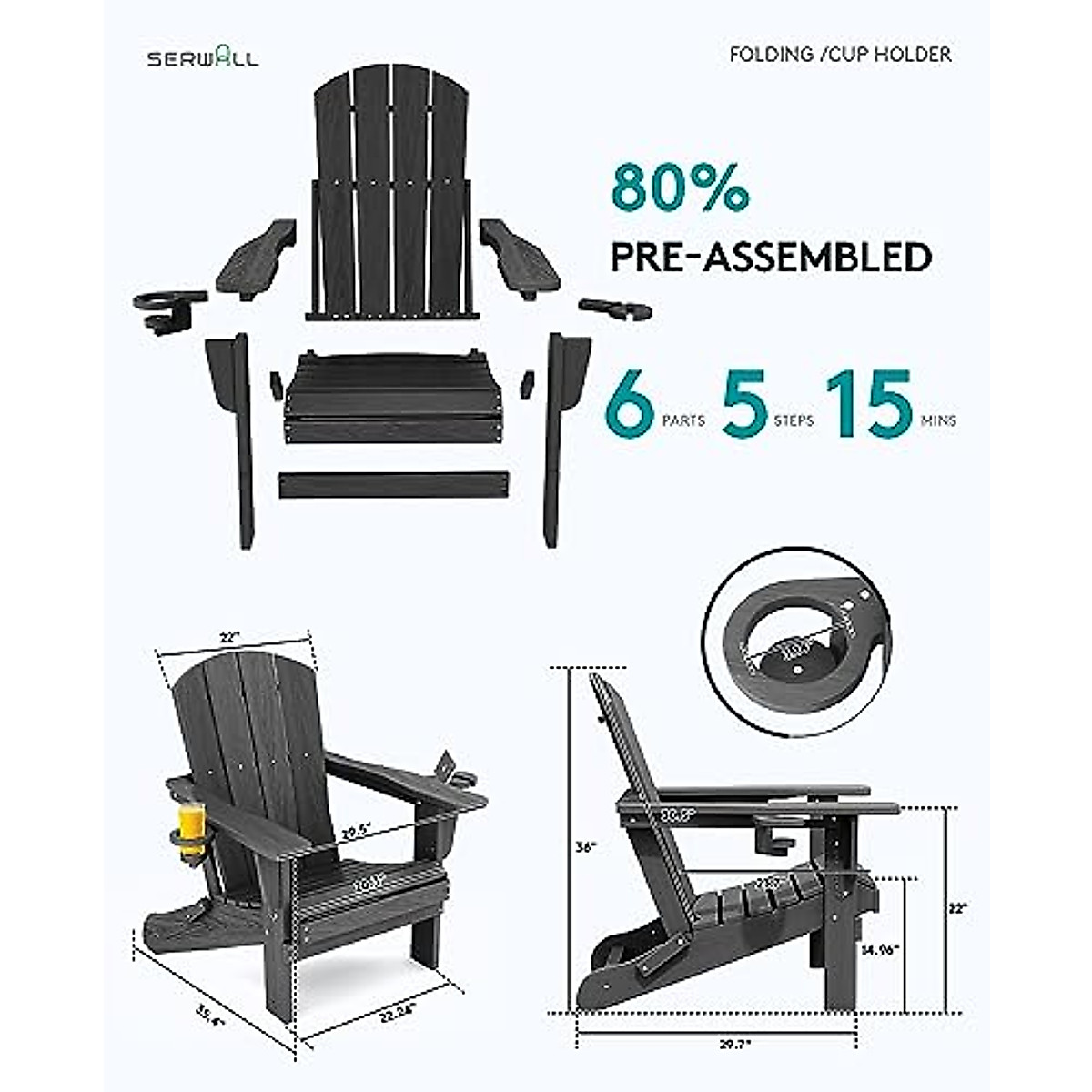 SERWALL Foldable Adirondack Chair, HDPE Adirondack Chair with Wood-Texture-Gray