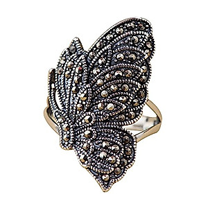 Retro 925 Sterling Silver Butterfly Ring with Marcasite Stones for Women Size 9