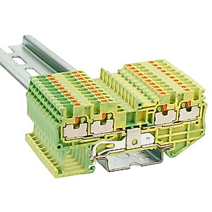 Dinkle Din Rail Ground Terminal Blocks 10pcs DP1.5-TR-PE, 300V, 26-14AWG, 4 Connection, Push-in Connector, Green Yellow, Single Level, Push-in Terminal Block, Grounding Terminal Block, Rail mounting