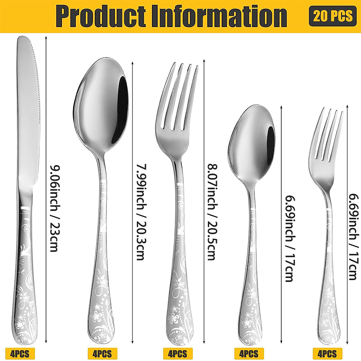 Vilihkc Unique floral pattern Silverware Set Mirror Polished Flatware Set Service for 4 Cutlery Set Stainless Steel Utensil Set for Kitchen Dishwasher Safe(20pcs)