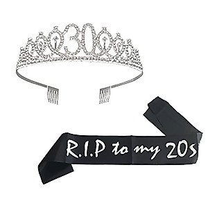 Joyiou 30th Birthday Sash and Tiara Set, Funny 30th Birthday Gift for Women, RIP to My 20s Sash, 30 Years Old Birthday Party Decorations, Death to My Youth Party Supplies Favor Supplies