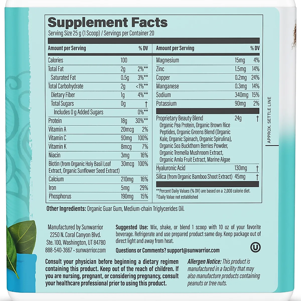 Vegan Collagen Building Powder Protein Peptide with Biotin Vitamin C Hyaluronic Acid Collagen Protein Powder for Hair Skin Nail Dairy Free Gluten Free | Unflavored by Sunwarrior