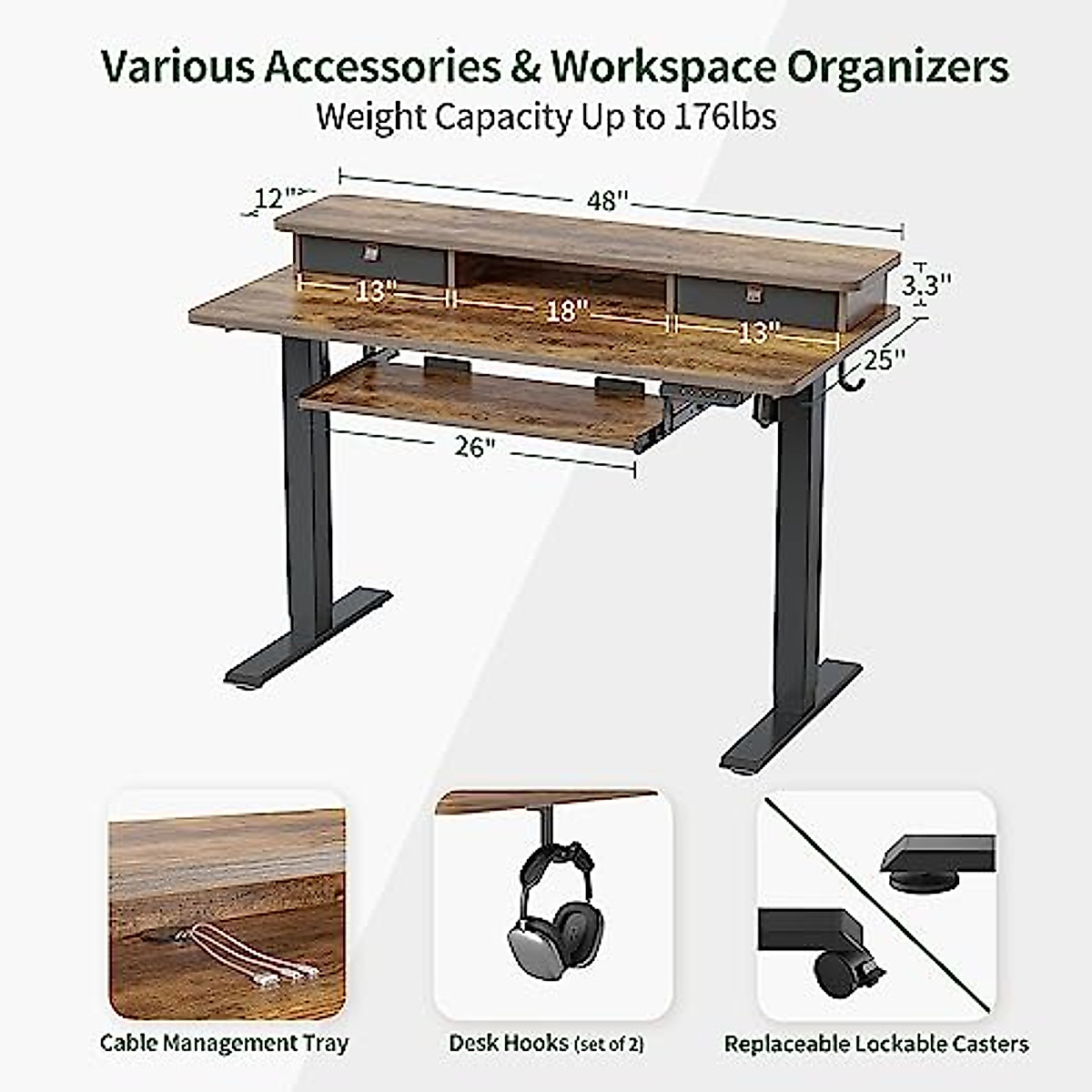 FEZIBO Standing Desk with Drawers, Adjustable Height Desk with Keyboard Tray, Stand Up Desk with Storage Shelf, 48 x 24 Inchs, Rustic Top