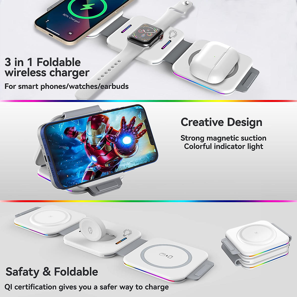 Magnetic Wireless Charger Foldable,15W Fast Mag-Safe Charger Compatible with iPhone 15/14/13/12/11/Pro/SE/XS/XR/X/8,3 in 1 Charging Pad Compatible with iWatch 8/7/6/SE/5/4/3/2,Airpods 2/3/Pro,Samsung