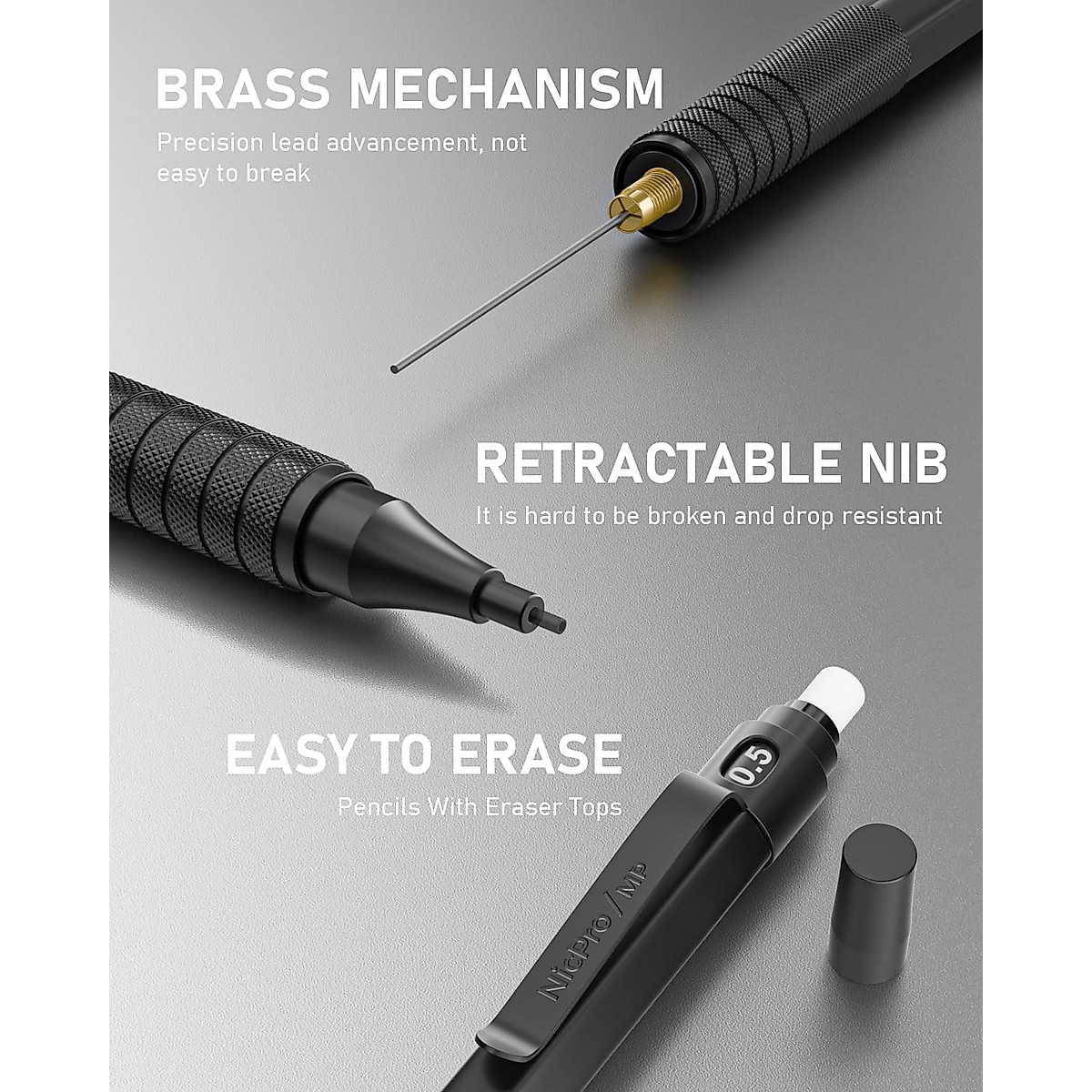 Nicpro 30PCS Black Metal Mechanical Pencil Set in Leather Case, Art Drafting Pencil 0.5, 0.7, 0.9 mm, 2mm Lead Pencil Holders for Sketching Drawing With 16 Tube (6B 4B 2B HB 2H 4H Colors)Lead Refills