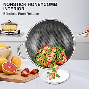 Vegoran 13 inch Wok Pan,Stainless Steel Stir-fry Wok, Non Stick Honeycomb Skillet with Stay Cool Handle- Suitable for Induction, Ceramic, Electric, and Gas Cooktops (13" Honeycomb Wok Pan with Lid)