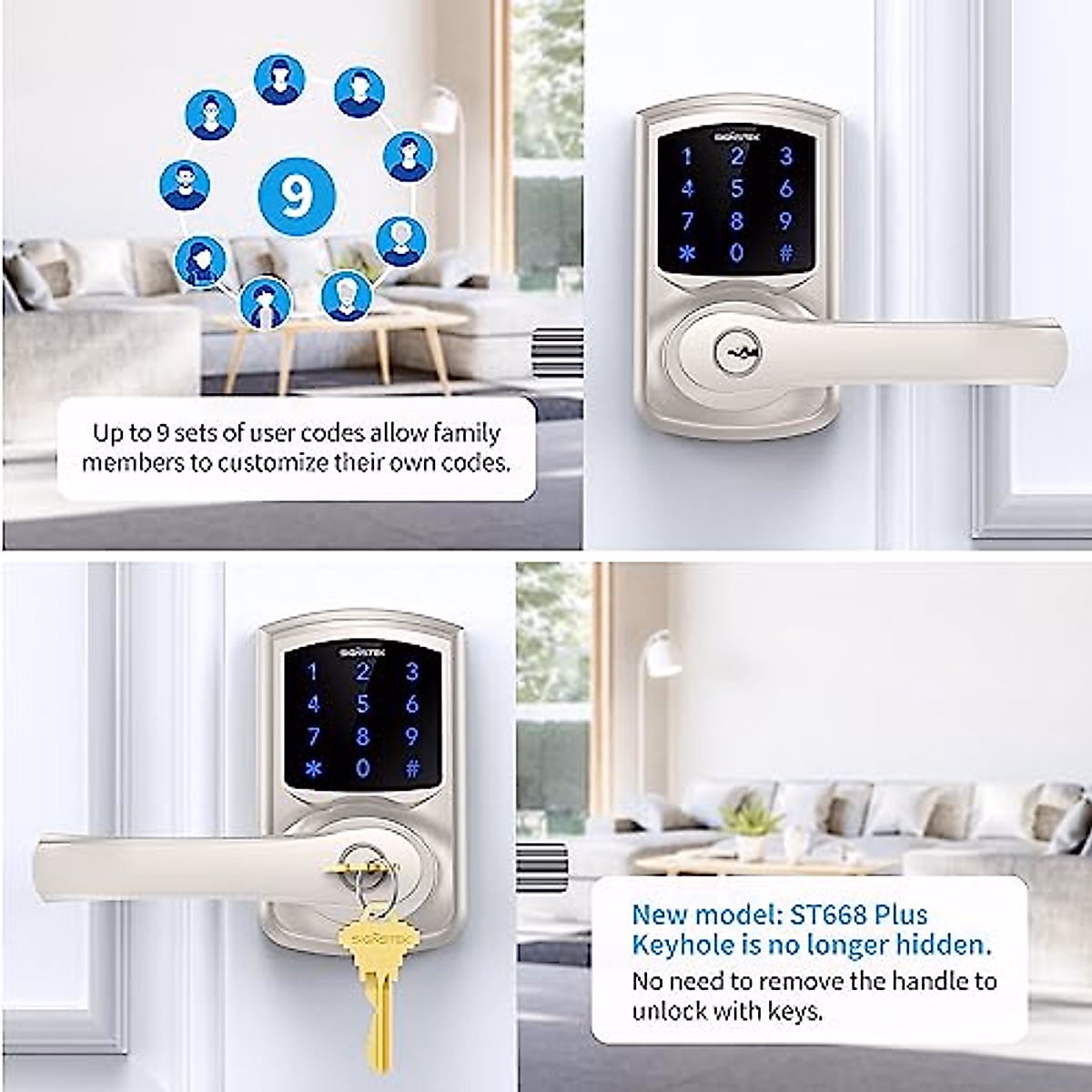 Signstek Keyless Entry Door Lock,Digital Smart Door Lock for Front Door,Keypad Door Lock with Handle and Security Key,Touchscreen,Easy Installation,Satin Nickel