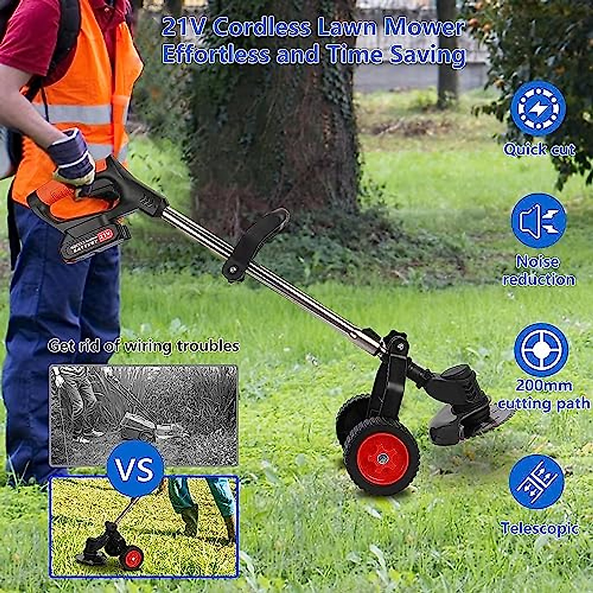 AOKID Cordless Electric Lawn Mower,21V 2000mAh Rechargeable 3 in 1 Lawn Mower, D-Shaped Handle with 2 Wheel Electric Lawn Mower for Home,Courtyard,Garden,Flower & Plant Trimming,Lawn Overall Trimming