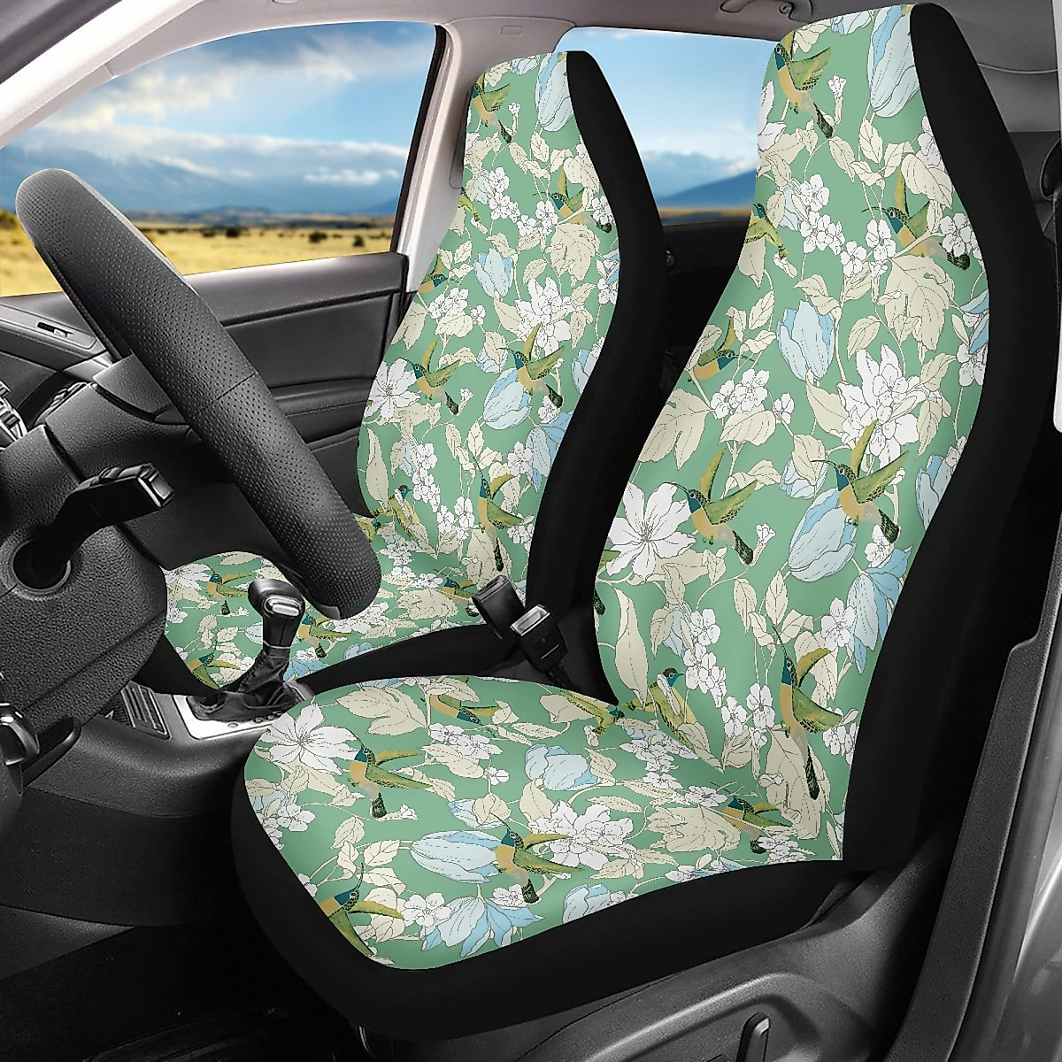 TOADDMOS Auto Front Seat Cover, Floral with Hummingbird Print Universal Car Seat Cover Protector, Fit Most Vehicle Decorative Seat Accesories, Green