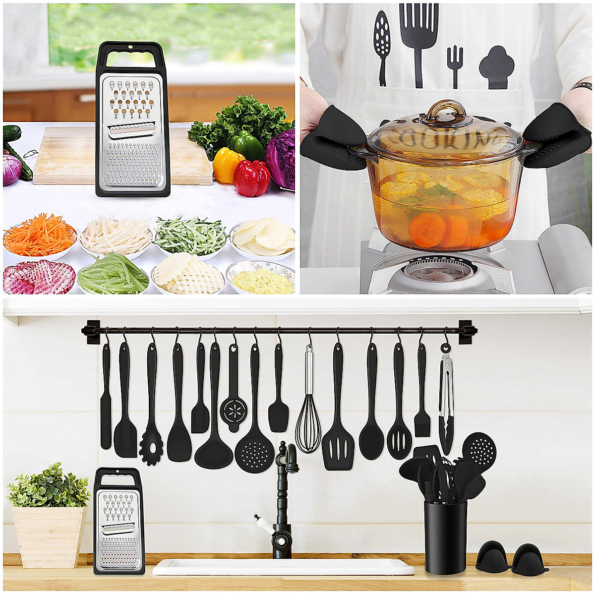 Homikit 20 Pieces Kitchen Utensils Sets with Holder, Black Silicone Cooking Utensil Heat Resistant, Nonstick Cooking Tools Include Spatula Spoon Turner Ladle Tong Whisk Grater, Dishwasher Safe