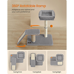 Feandrea Cat Scratching Post, Small Cat Tree Tower, Multifunctional Cat Scratcher with Self Groomer Brush, Rotatable Ramp, Pompoms, Cat Perch Bed for Indoor Cats, Light Gray UPCA024G01