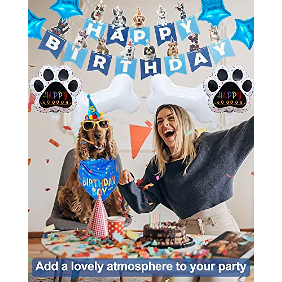 Hollucky Dog Birthday Party Supplies,Dog Party Decorations Set with Dog Birthday Hat,Birthday Banner,Dog Paw Bone Balloon,Dog Birthday Bandana for Large Dogs Pets,Puppy Supplies,Dog Birthday Gift
