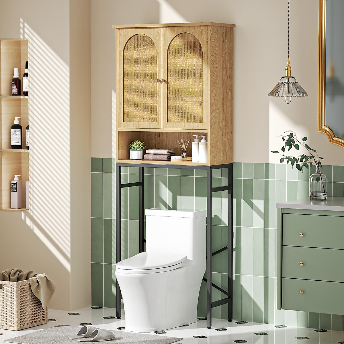 Rattan Toilet Storage Cabinet, Over the Rack Wood Cabinet with Metal Stand, Bathroom Organizer with Adjustable Shelf, Tall Freestanding Washer Shelf, Small Cupboard, Space Saver, Natural style