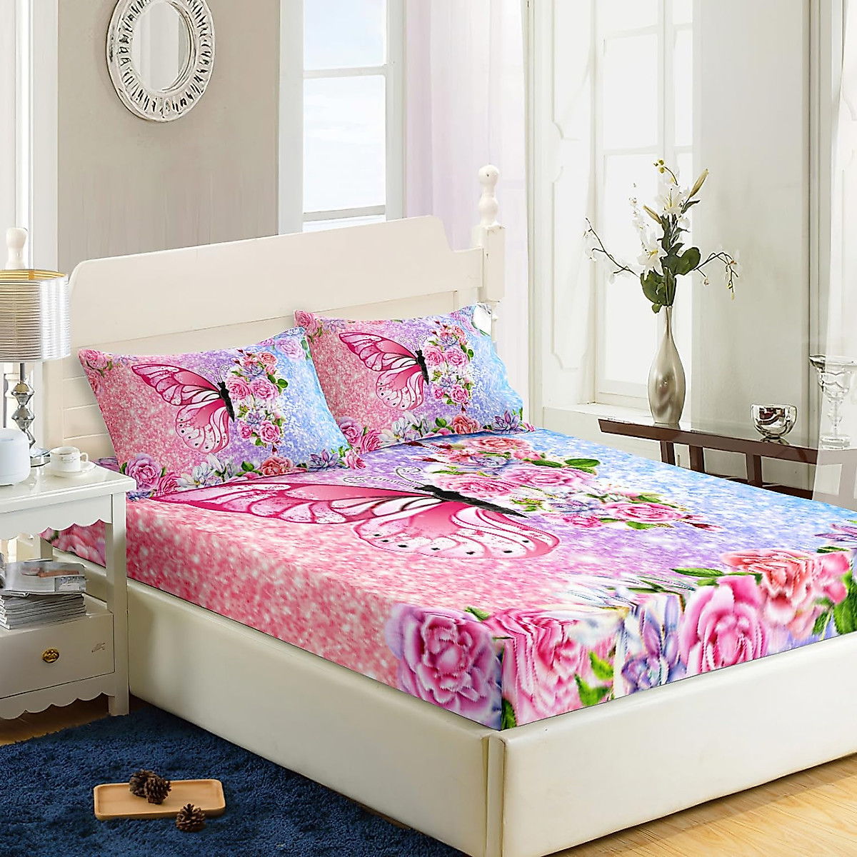 AILONEN Beautiful Butterfly Fitted Sheet Full Size, Sparkling Blue Pink Butterfly with Floral Bedding Set for Girls Women,Starry Theme Bed Sheet Set,3 Pieces,1 Fitted Sheet and 2 Pillowcases