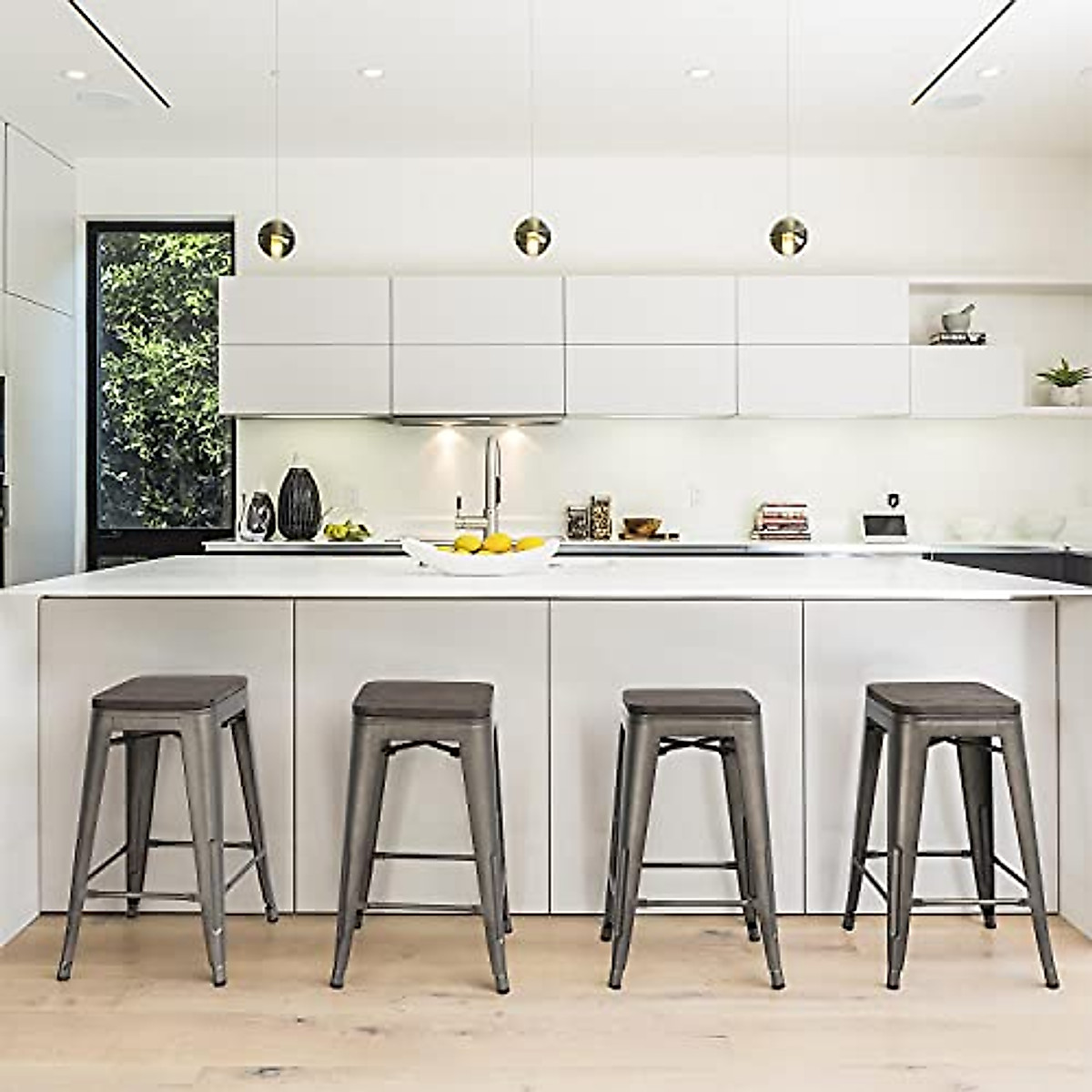 Yaheetech 24 inches Metal Bar Stools Counter Stool Indoor/Outdoor Stackable Barstools Counter Wood Top/Seat Bar Stools Set of 4, Gunmetal