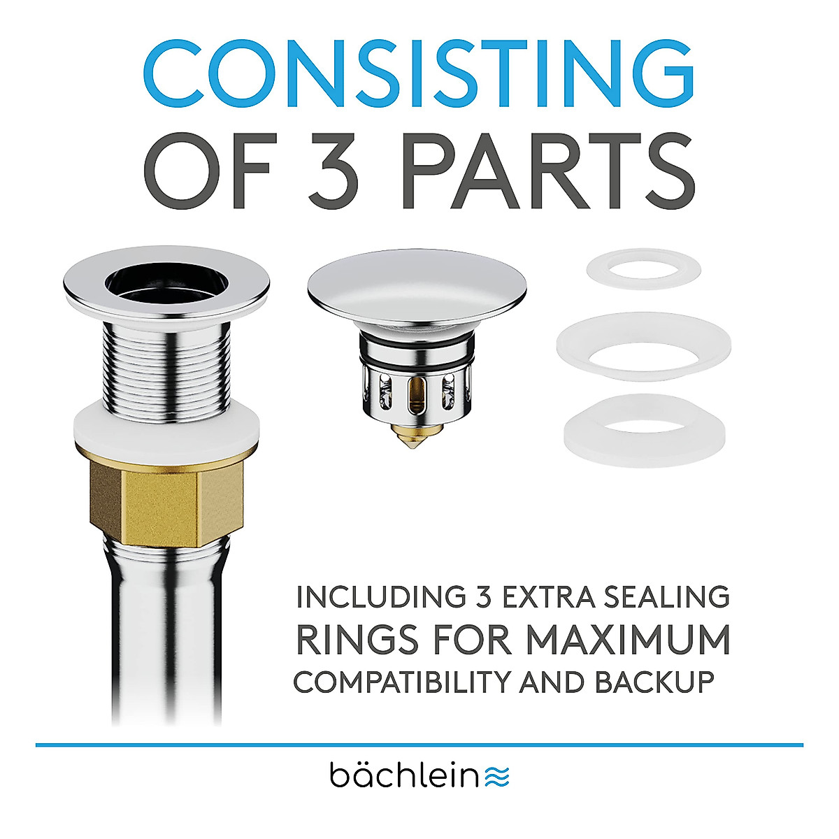 Bächlein Bathroom Sink Drain Without Overflow - Sink Stopper with Pop Up Function - Chrome Pop Up Bathroom Sink Drain incl. 3 Extra Seals and Installation Manual - German Brand