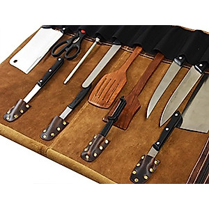 Leather Knife Roll Storage Bag, Elastic and Expandable 10 Pockets, Adjustable/Detachable Shoulder Strap, Travel-Friendly Chef Knife Case (Dark Brown, Leather)