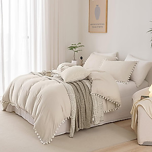 Bedbay Boho California King Comforter Set Beige Comforter 3 Piece Farmhouse Boho Bedding Sets Cute Ball Fringe Luxury Bedding Ultra Soft Microfiber Lightweight Comforter Set(Beige,Cal King)
