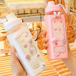 ANSAIR Kawaii Bear Pastel Water Bottle With 3D Sticker 700ml Plastic Travel Tea Juice Milk Portable Cute Shaker Drink Bottle Gift (Color : White)