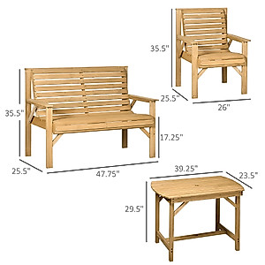 Outsunny 5 Piece Wooden Patio Dining Set for 6, Outdoor Conversation Set with 2 Armchairs, 2 Loveseats, and Dining Table with Umbrella Hole for Backyard, Garden, Light Brown
