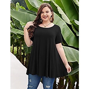 MONNURO Womens Short Sleeve Casual Loose Fit Flare Swing Tunic Tops Basic T-Shirt Plus Size(Black, 3X)