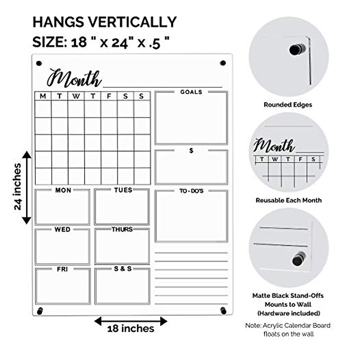 GenericJINCHENG Acrylic Calendar - Acrylic Calendar for Wall - Reusable Dry Erase Calendar for Wall - Clear Acrylic Wall Calendar - 18x24 inch - Monthly and Weekly Planner