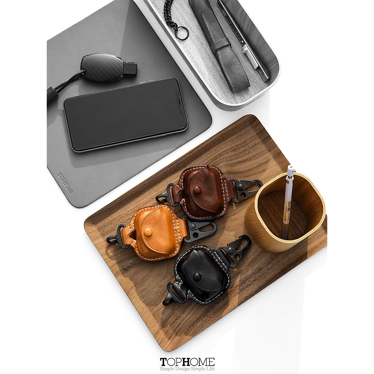 TOPHOME AirPods Pro Leather Case, Premium Genuine Leather Cover for AirPods Pro Case with Fine Copper Carabiner/Earbuds Accessories (Coffee,1 Piece)